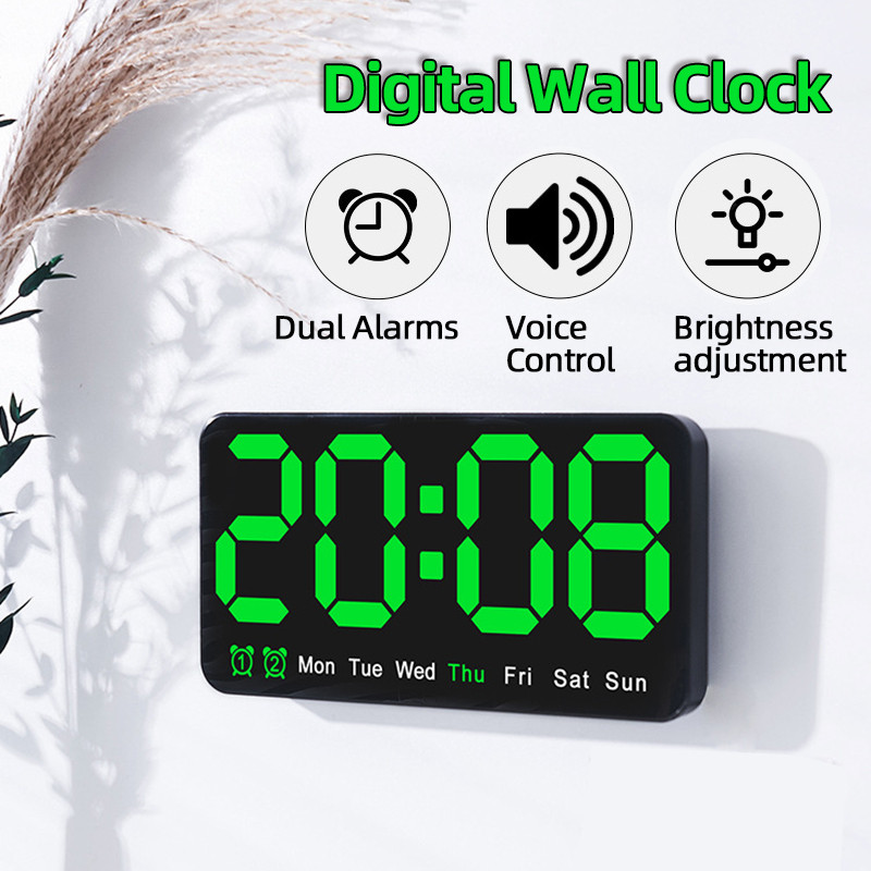 Jual Voice Control Digital Wall Clock 12/24H Temperature Date Week ...