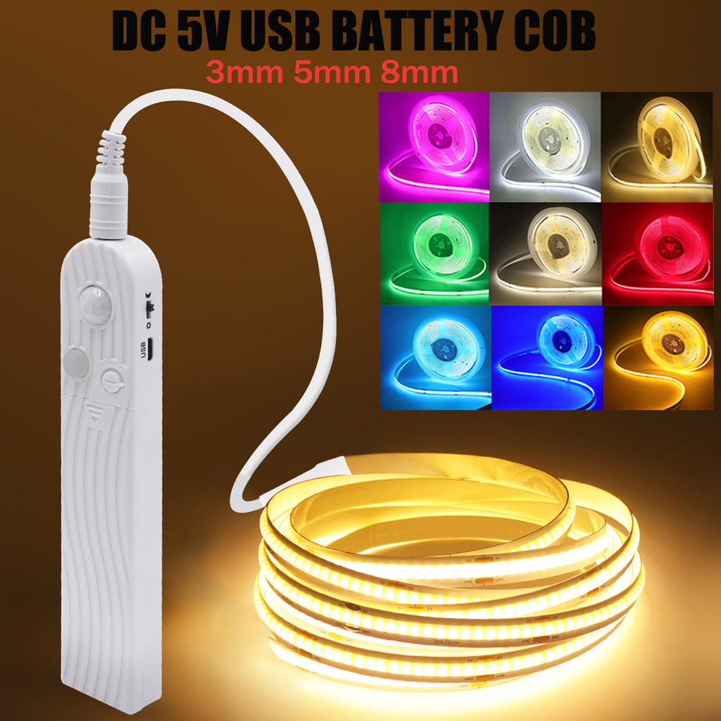 Jual 5V USB COB LED Strip Light with Human Sensor Battery Box 3mm 5mm 8mm Flexible COB Lights ...