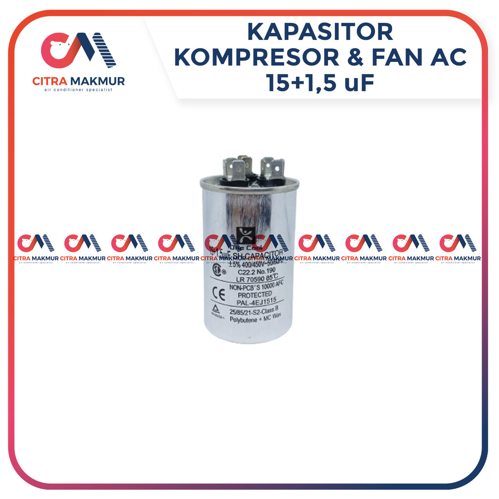 Jual Kapasitor AC Double 15 + 1,5 uF Capasitor Outdoor Fan 3 Pin Kaki Kompresor Kipas Mesin ...