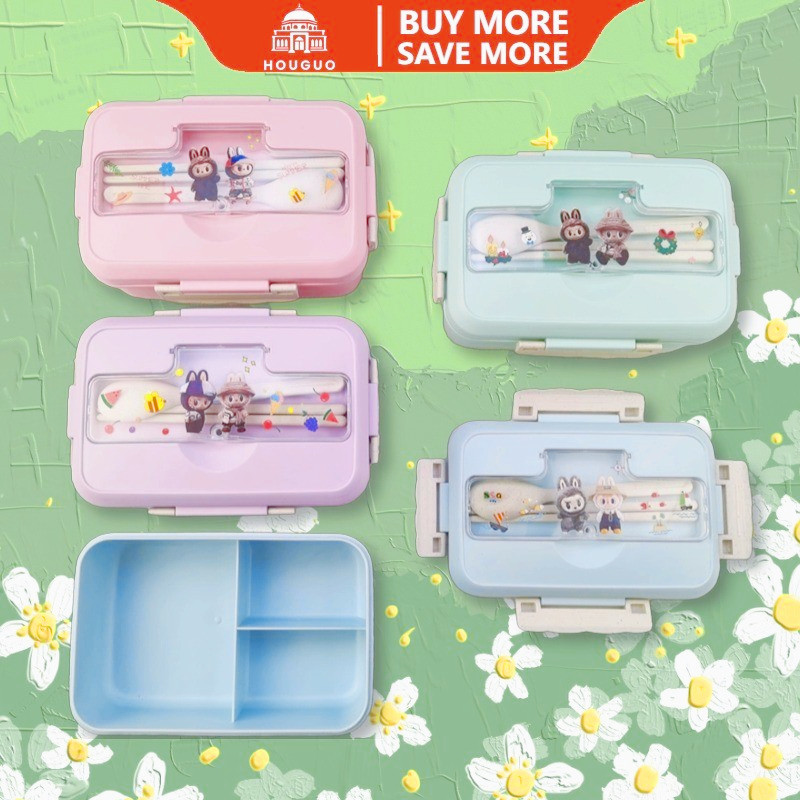 Jual 【PP】HOUGUO 1100ML Labubu Lunch Box Kotak Bekal Anti Tumpah 3 Grid/ Sanrio Lunch Box Set ...