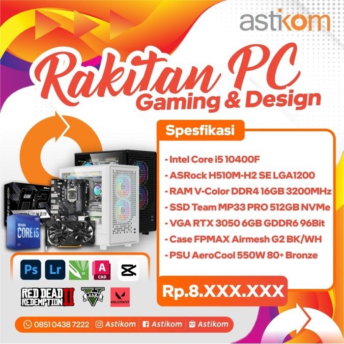 Jual Rakitan PC Gaming Design Desain i5 10400F RTX 3050 8GB RAM 16GB ...