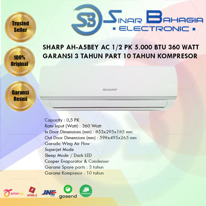 Jual SHARP AH-A5BEY AC 1/2 PK 5.000 BTU 360 WATT GARANSI 3 TAHUN PART 10 TAHUN KOMPRESOR (NEW ...