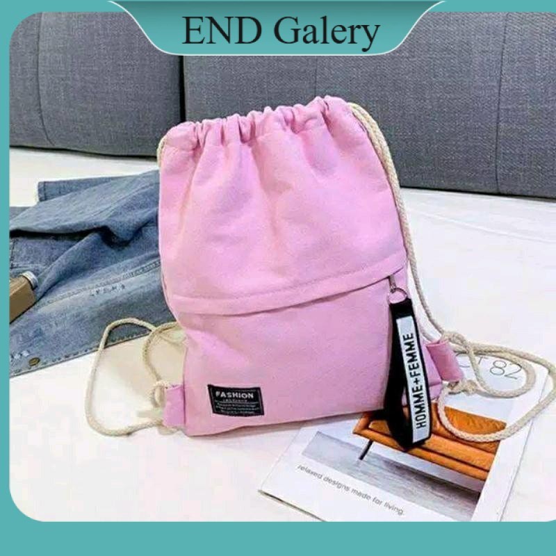 Jual Tas Serut Pria Wanita Motif Polos Terbaru Backpack Kanvas Hitam Travel Fashion Simple ...