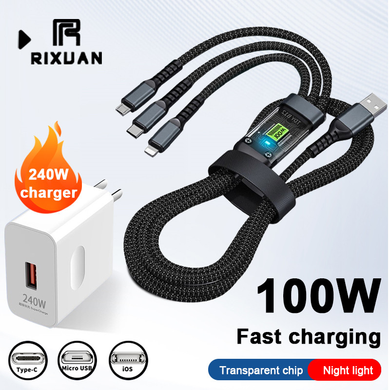 Jual 120W Flash Charge Braided 3-in-1 Data Cable 120W/240W Super Fast ...