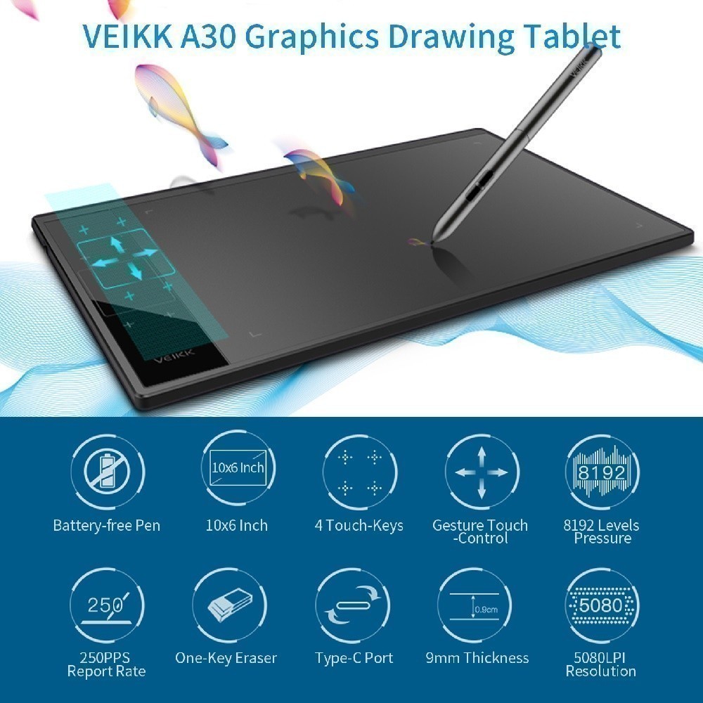 Jual GROSIRUNIK99 VEIKK A30 - Digital Graphics Drawing Tablet with Pen ...