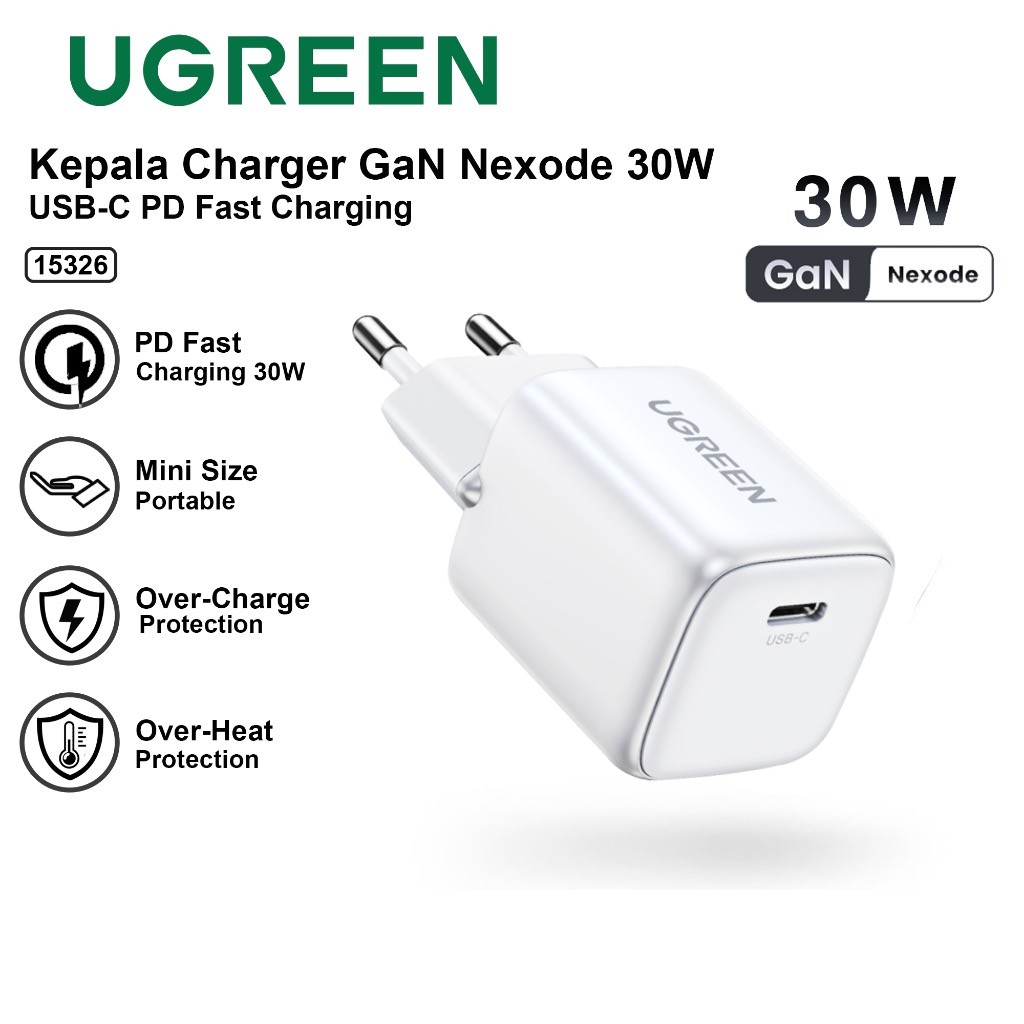 Jual UGREEN 30W Adapter Nexode USB-C PD GaN Fast Charger Adaptor Fast Charging - White / 15326 ...