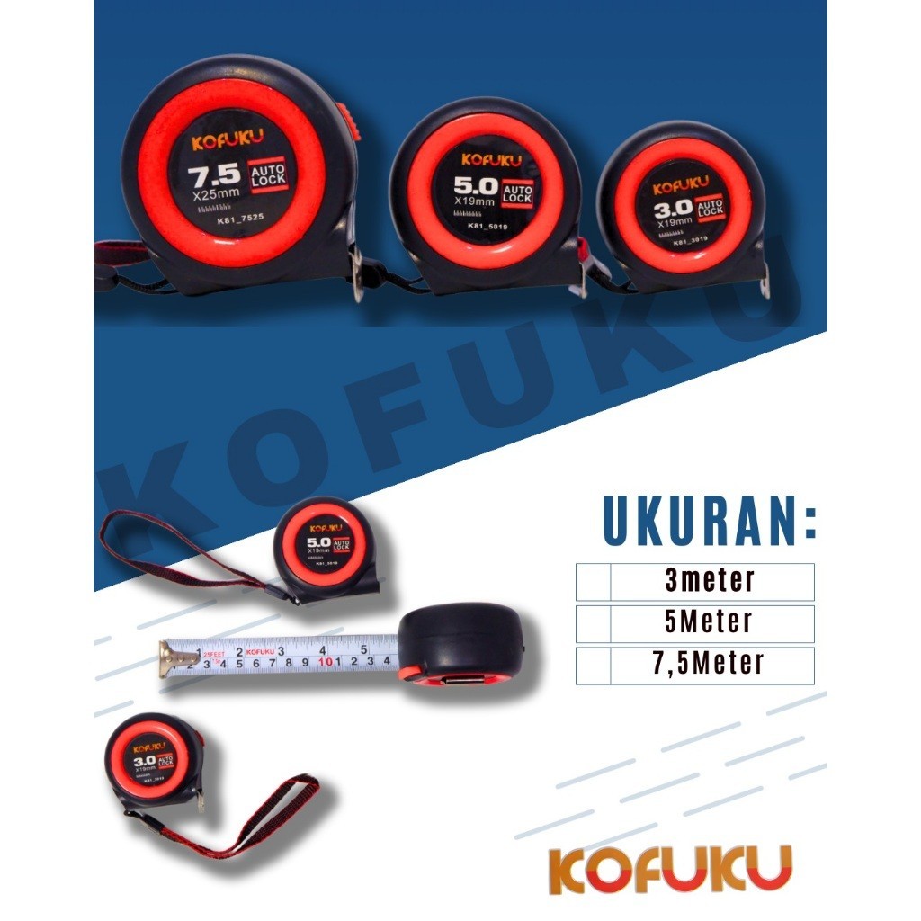 Jual Meteran Auto Lock ABS Anti Pecah 3m,5m dan 7,5m Kofuku Merah ...