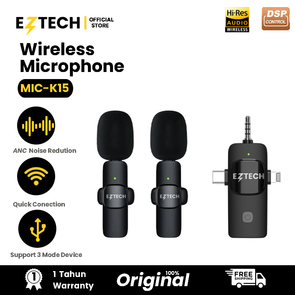 Jual [ EZTECH ] K15 3 IN 1 Lavalier Wireless Microphone Dual Mikrofon Clip on Mic Bluetooth ...