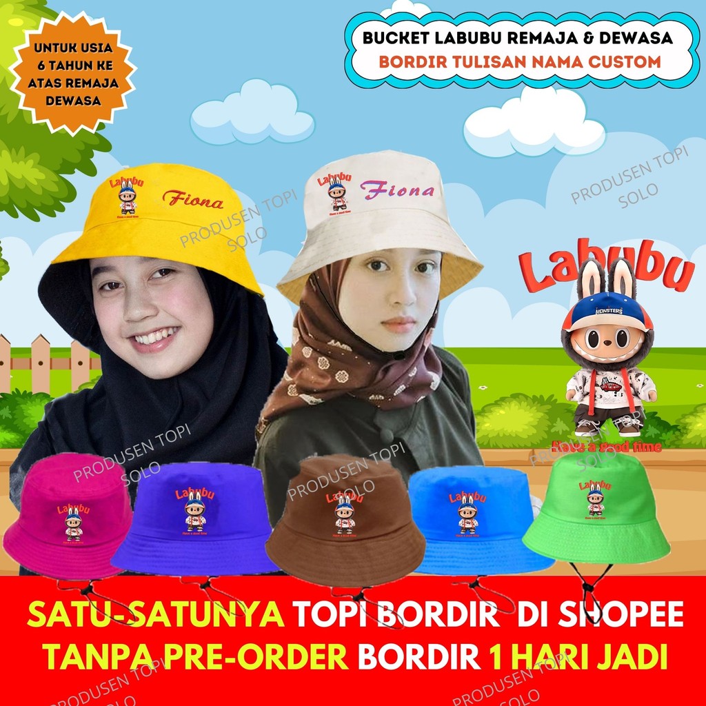 Jual Bucket Tali Sablon Motif Labubu dan Custom Bordir Nama Untuk Usia ...