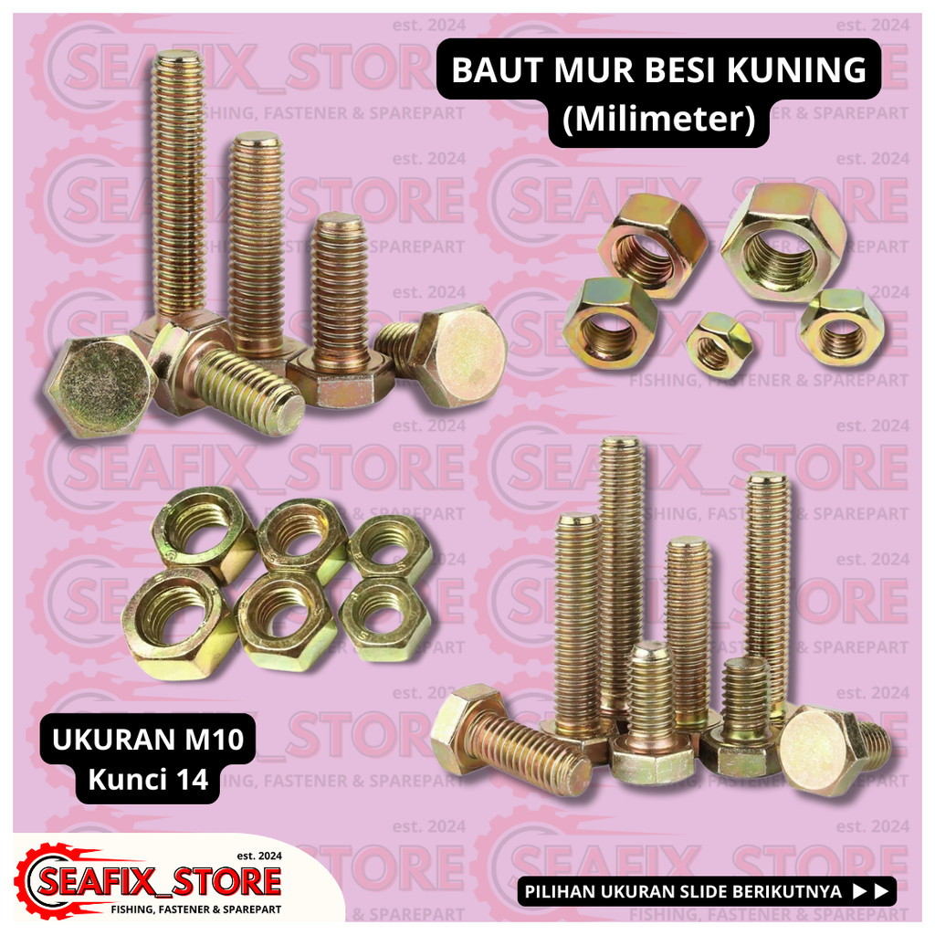 Jual BAUT MUR BESI KUNING M10 X (PANJANG TINGGAL PILIH) - BAUT MUR KUNCI 14 UNC, BAUT MUR DRAT ...