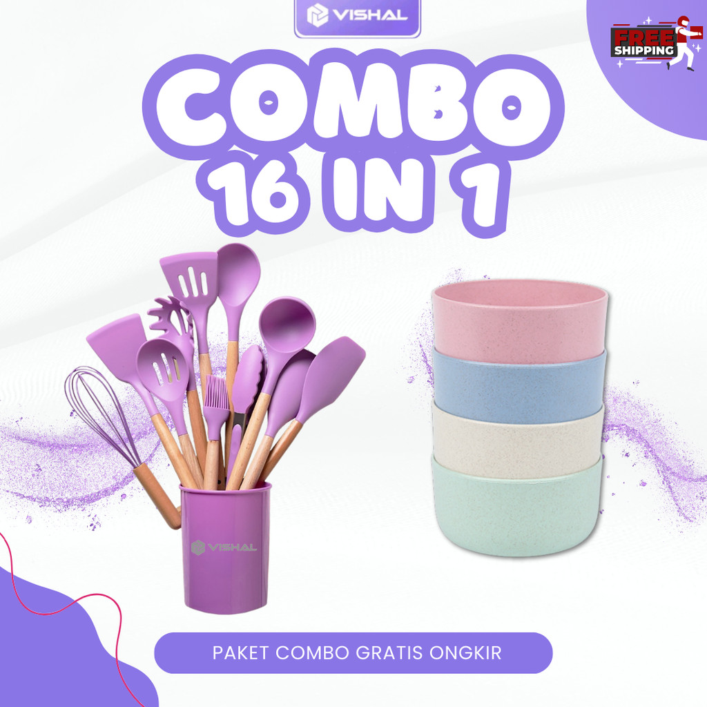 Jual VISHAL Paket Combo 2in1 Set 4 Pcs Mangkuk Bulat Jerami+Alat Masak ...