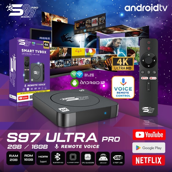 Jual Stb Android TV Box Smart 4K S97 Ultra Pro Remote Voice Ram 2GB Rom ...
