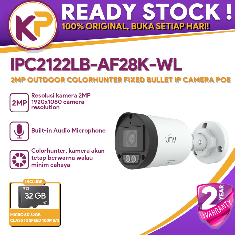 Jual UNV IPC2122LB-AF28K-WL 2MP OUTDOOR COLORHUNTER FIXED BULLET IP CAMERA POE FREE MICRO SD ...