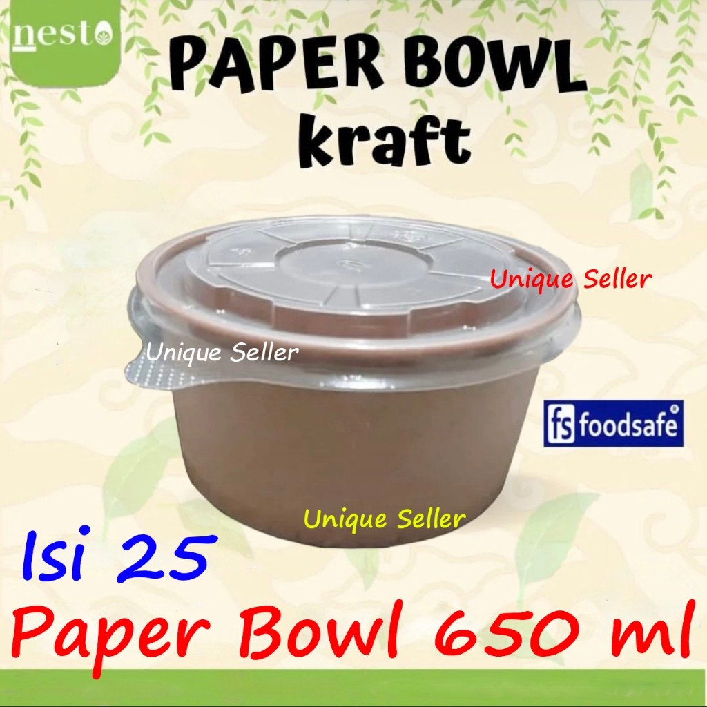Jual [Isi25] Paper Bowl Tahan Panas 650 ml Kraft Laminasi + Tutup ...