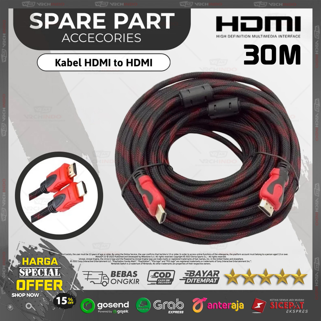 Jual Kabel Serat Jaring HDMI Male to HDMI Male / HDMI to HDMI Panjang 30 Meter / 30M High ...