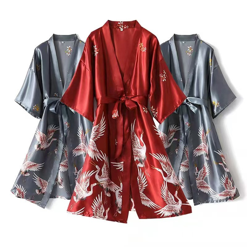 Jual Piyama kimono wanita merah/ Set kimono/Kimono motif burung bangau ...