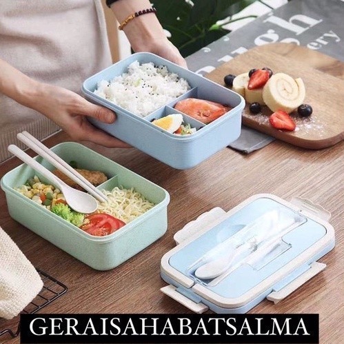 Jual (LBSK)Lunch Box Set Kotak Bekal Makan Jerami Gandum kotak makan 1000ml 4 In 1 Free Sendok ...