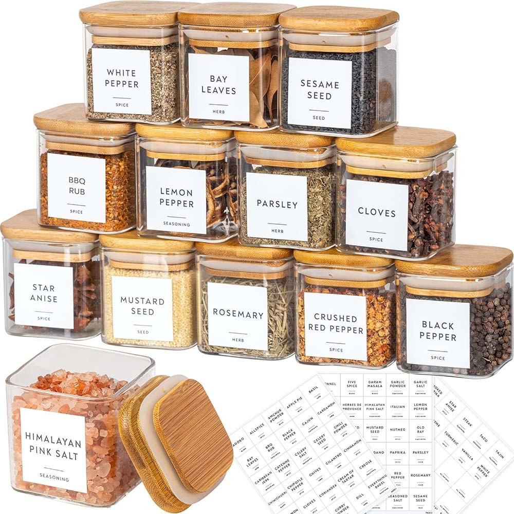 Jual 5oz Glass Jars Set with Spice Labels,Square Spice Jars with Bamboo ...