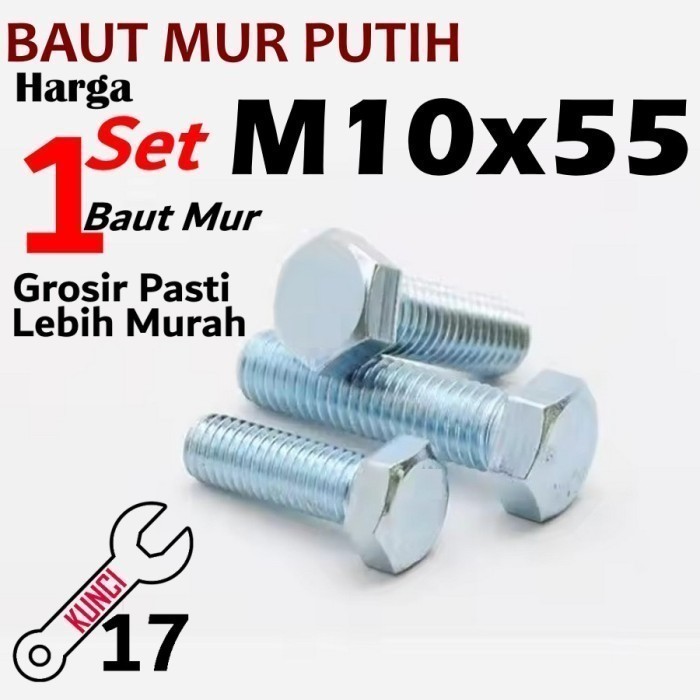 Jual Baut Mur Putih Hex M10x55 5cm Besi Galvanis BMP Hexagon Kunci 17 M10 | Shopee Indonesia