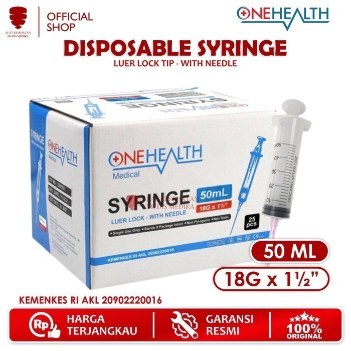 Jual OneHealth Syringe With Needle 50 ml cc Luer Lock Tip Teknik Dengan Jarum Alat Suntikan ...