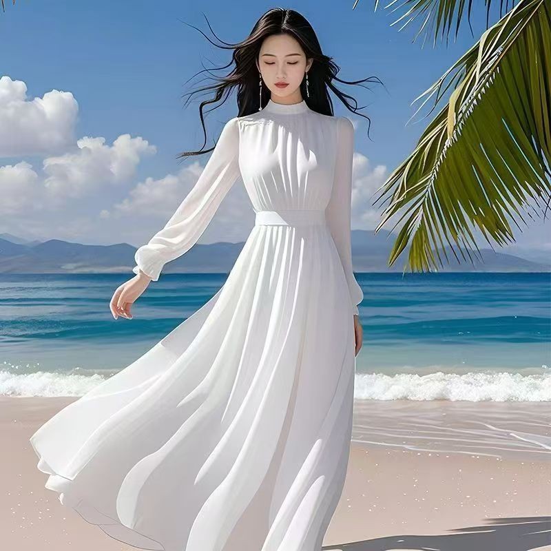 Jual FANMU Gaun Pantai Lengan Panjang Prancis/Gaun Sifon Lengan Panjang ...