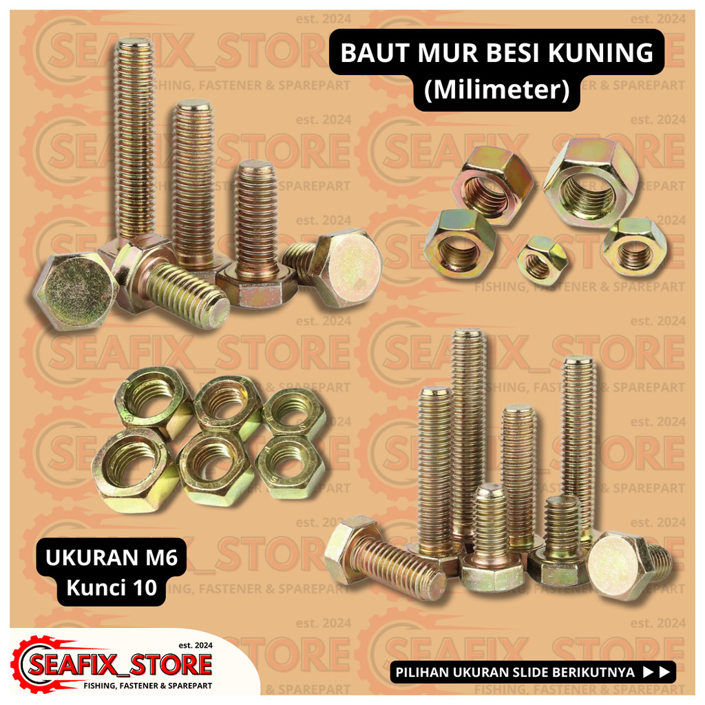Jual 5pcs BAUT MUR BESI KUNING M6 X (PANJANG TINGGAL PILIH) - BAUT MUR KUNCI 10 UNC, BAUT MUR ...