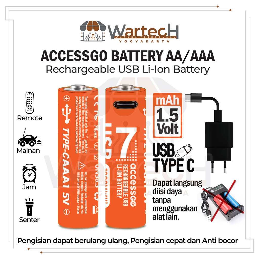 Jual Baterai Charge Isi Ulang 1.5V AA 3200MWH AAA 1200MWH Fast Charging USB Type-C Rechargeable ...