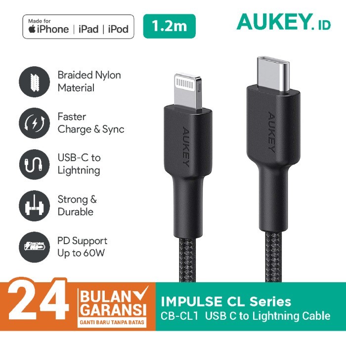 Jual Aukey CB-CL1 Kabel Charger Nylon USB Type C to Lightning 1,2M Fast Charging | Shopee Indonesia