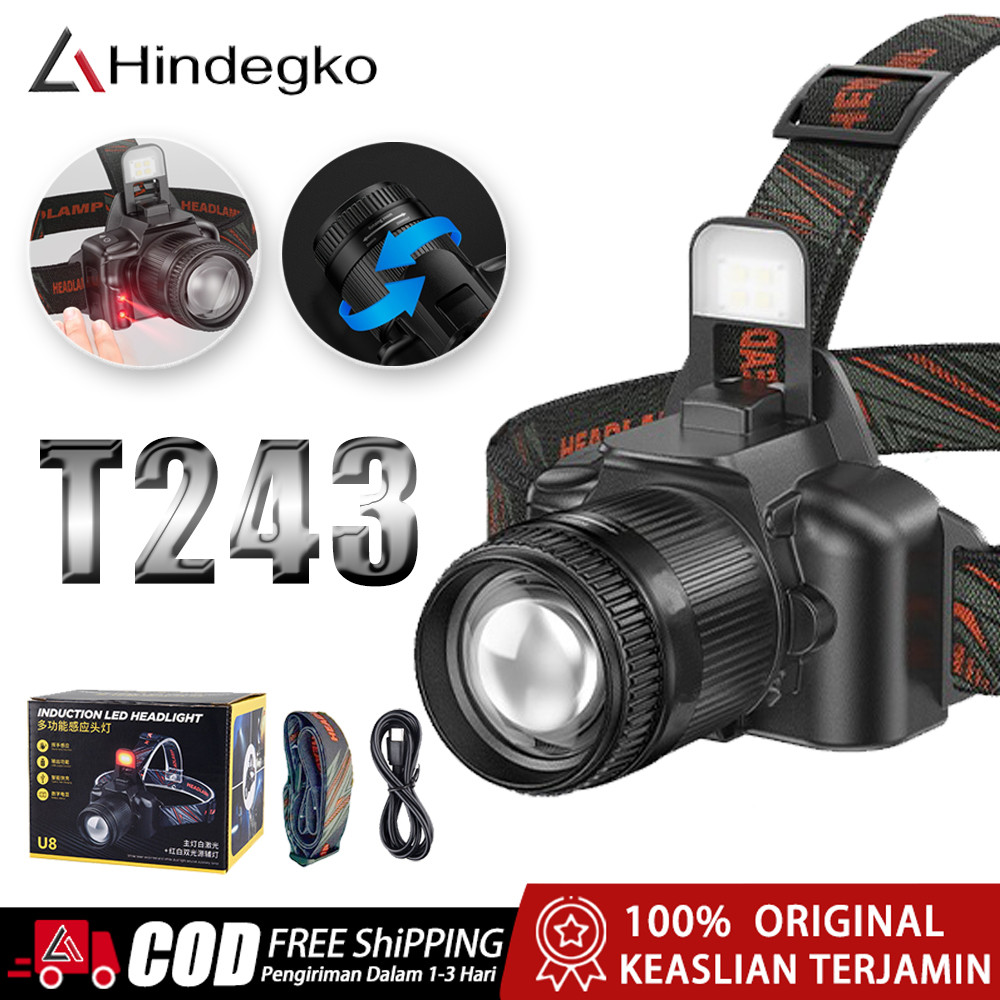 Jual Hindegko T243 LED Headlamp Senter Kepala Senter Kepala Led Zoom Powerbank Tahan Air Sensor ...