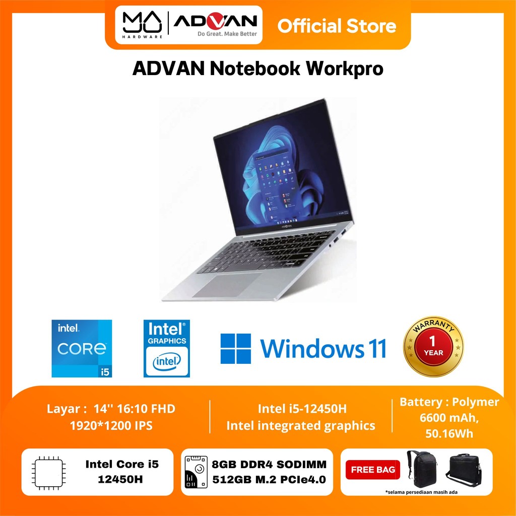 Jual Laptop ADVAN Workpro Intel Core i5-12450H 8/512 SSD 14" FHD - Grey ...