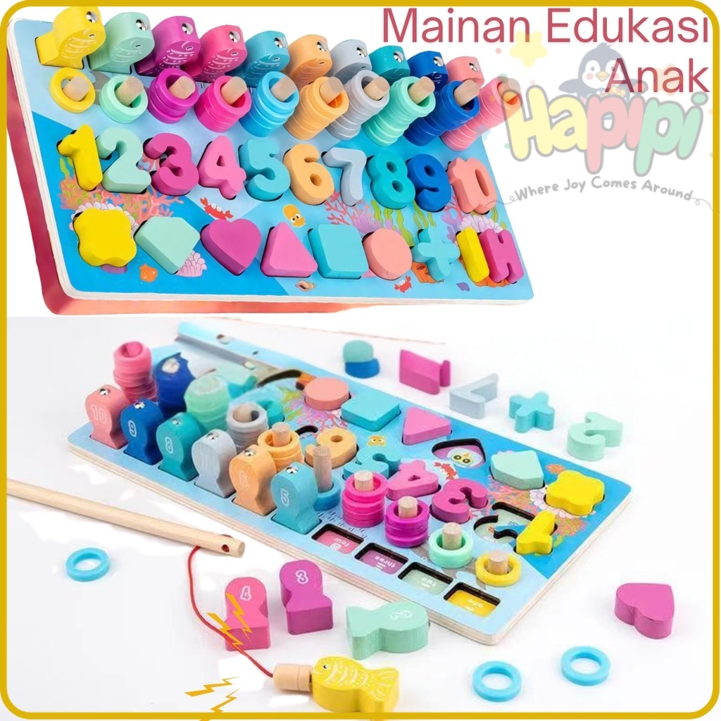 Jual Mainan Edukasi 5in1 Puzzle Kayu Anak Huruf dan Angka Pancing Ikan ...
