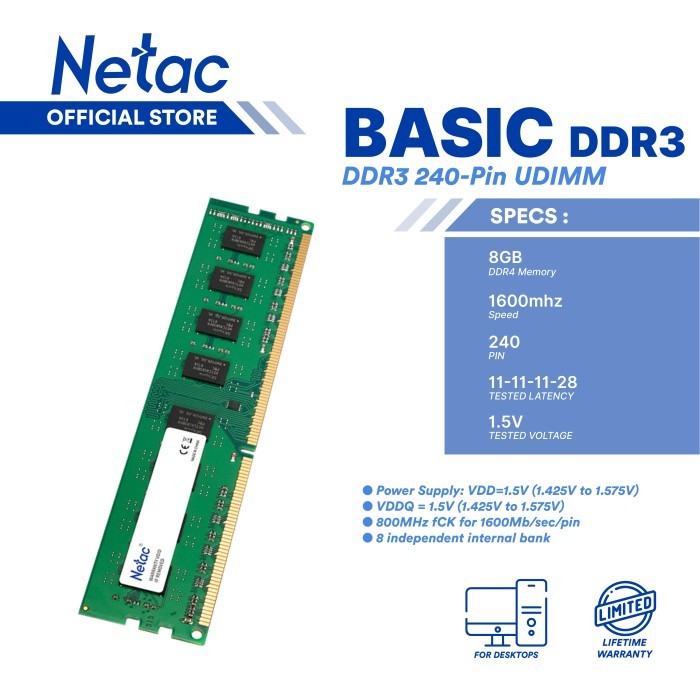 Jual Netac RAM Basic DDR3/SO DDR3L 1600MHz 8GB C11 UDIMM/SODIMM PC/Laptop Memory Module | Shopee ...