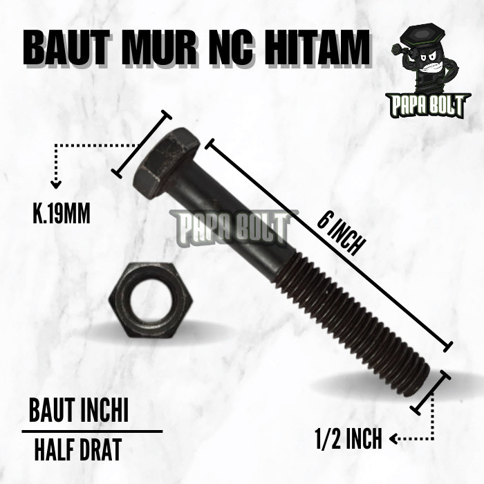 Jual Baut Mur Hex NC INCHI Hitam 1/2" x 6" UNC 12 (Kunci 19) | Shopee ...