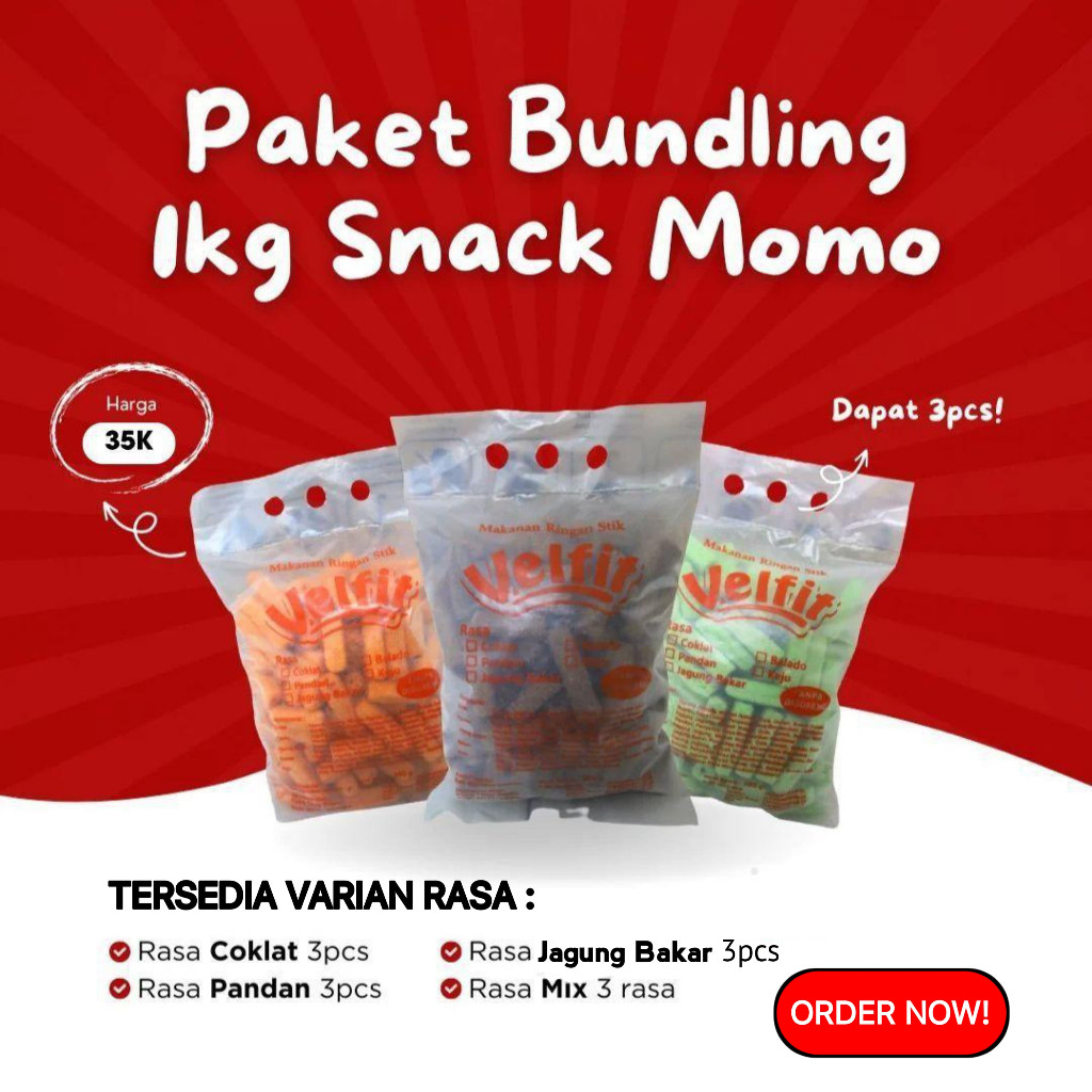 Jual VELFIT SNACK MOMO 1kg 3 karung dengan 3 rasa | Shopee Indonesia