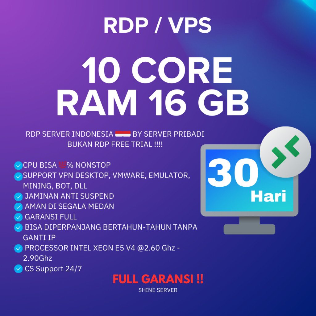 Jual RDP VPS 10 CORE RAM 16 GB Murah Bulanan Full Admin Anti Suspend Bisa di Perpanjang ...