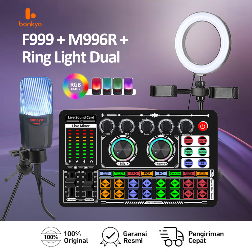 Jual Bonkyo F999 Sound card + M996R mikrofon + lampu pengisi + earphone ...