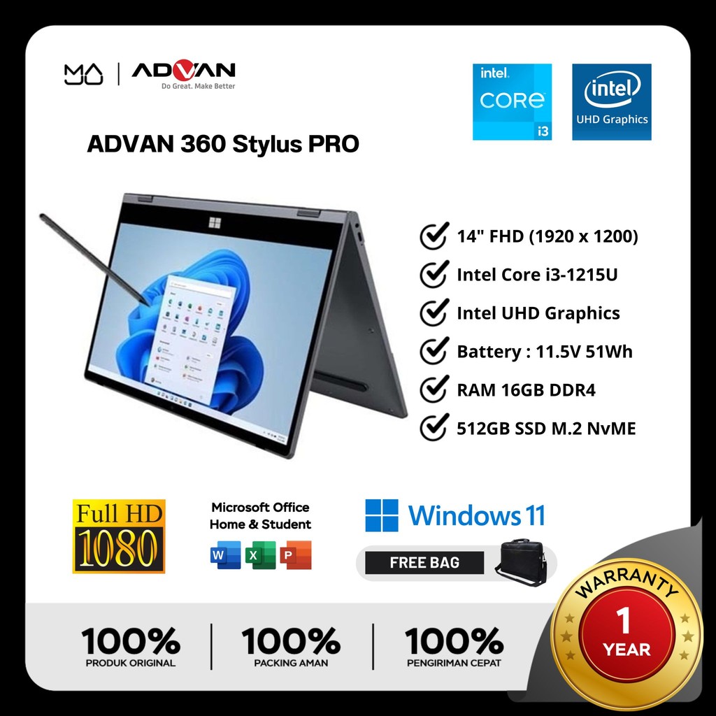 Jual Laptop ADVAN 360 Stylus PRO Intel Core i3-1215U 14”IPS FHD ...