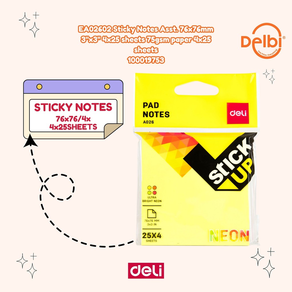 Jual Deli Sticky Note Neon A02602 76x76 Warna Tumpuk EA02602 Sticky ...