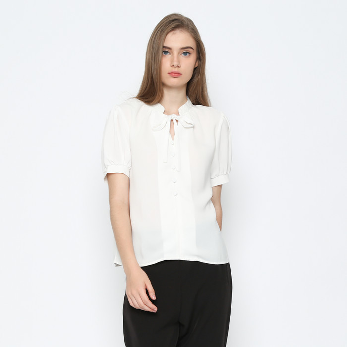 Jual VALINO LADIES Blouse Lengan Pendek Putih dengan Kerah Pita Wanita ...