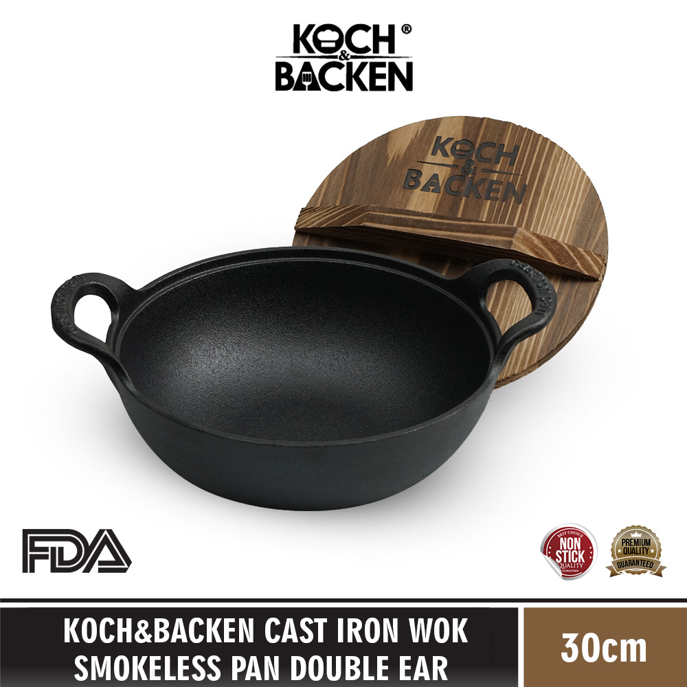 Jual KOCH&BACKEN Cast Iron Wok Smokeless Pan Double Ear With Wooden ...