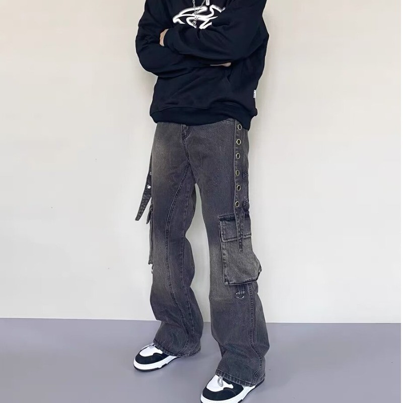 Jual 2024 Spodnie Y2K Streetwear Multi Pockets Washed Black Baggy Jeans ...