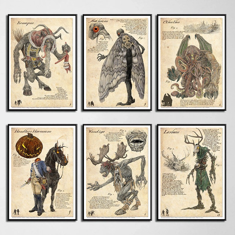 Jual Cryptids Folklore Poster Print Cthulhu Mothman Krampus Headless Horseman Retro Canvas ...
