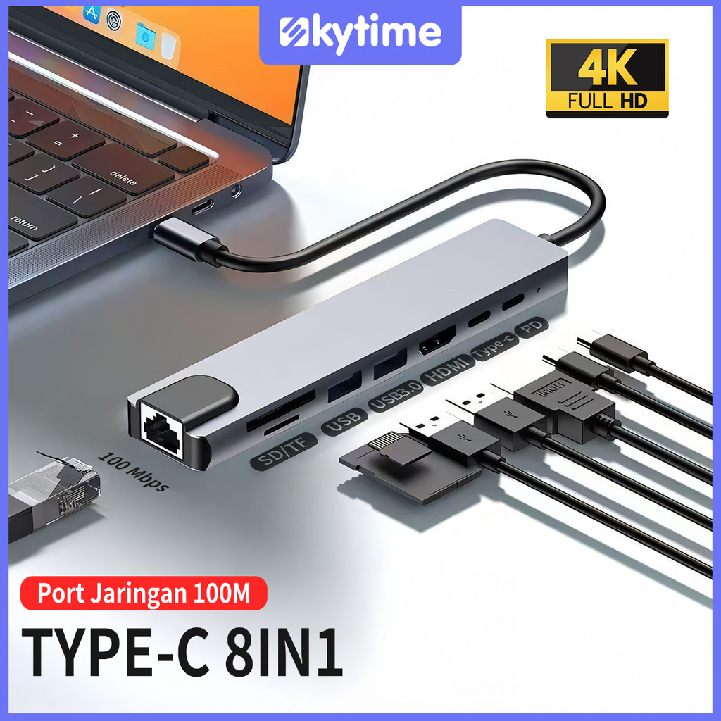 Jual Skytime USB Hub 8 in 1 Adapter Converter type c to HDMI Type C SD ...