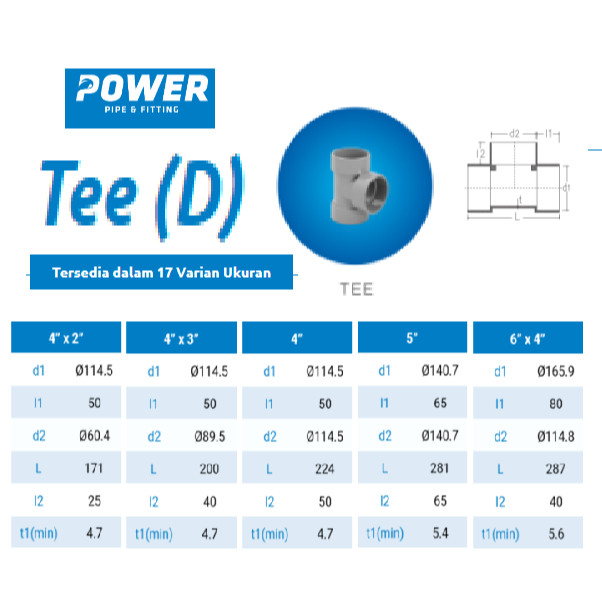 Jual TE TEE PIPA PVC POWER TEBAL (D) UKURAN 4X2 4X3 4 5 6X4 6 8X4 DIM ...