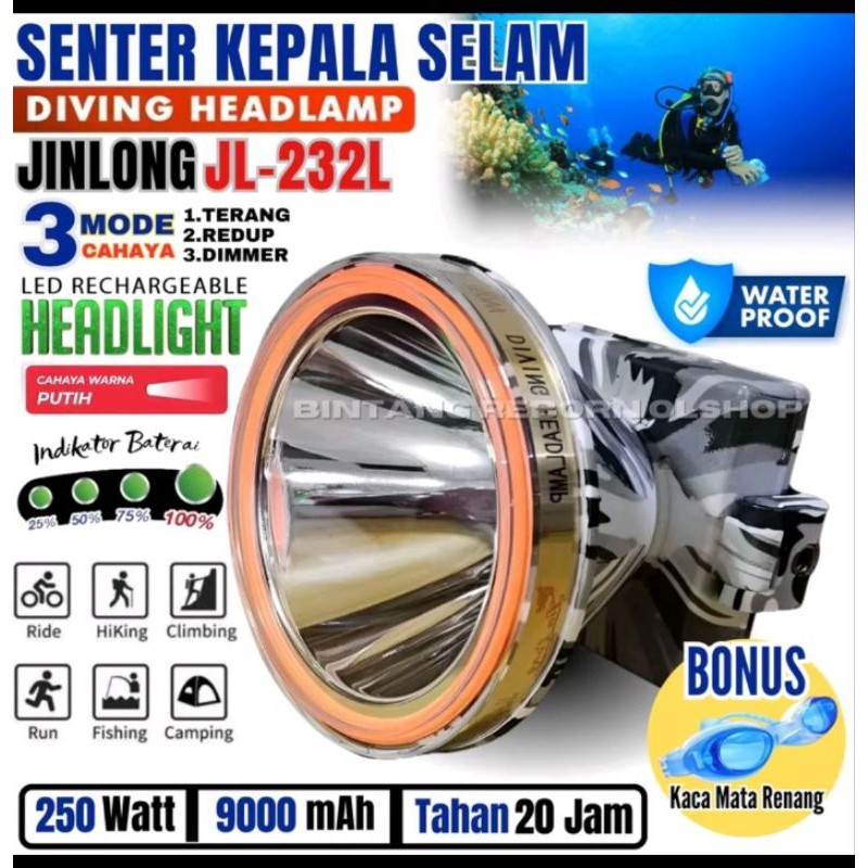 Jual Original SENTER KEPALA SELAM 200METER JIN LONG LORENG ARMY JL-232L Senter Kepala Selam LED ...