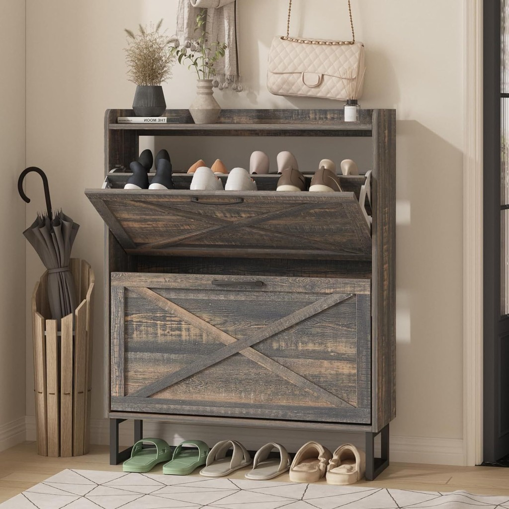 Jual CE1 Wooden double-layer shoe cabinet living room flip-top shoe ...