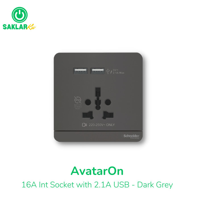 Jual Int Socket 16A USB 2.1A AvatarOn Dark Grey - E8342616USB_DG - Schneider Electric | Shopee ...