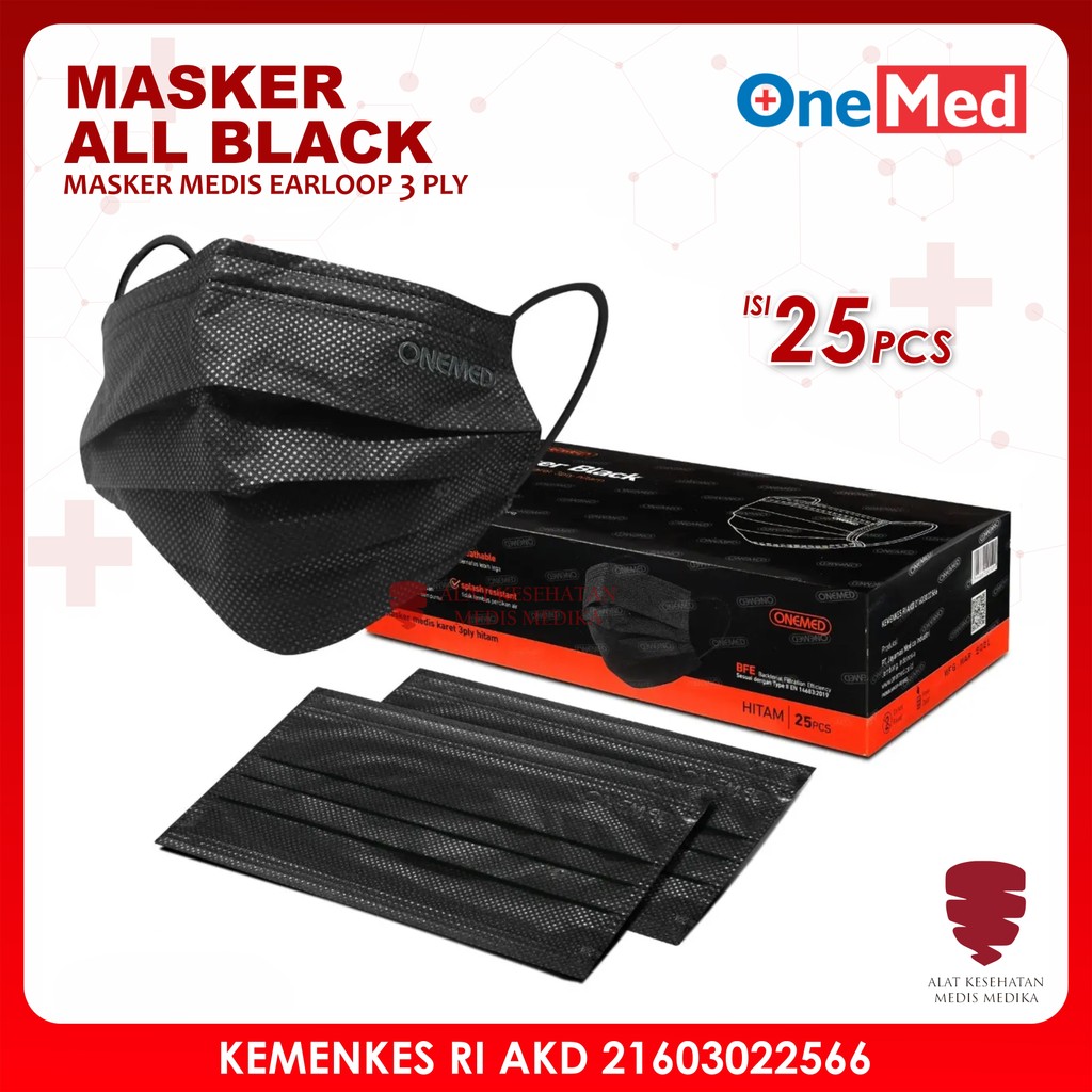 Jual Masker All Black Isi 25 Onemed 3ply Earloop Face Mask Disposable ...