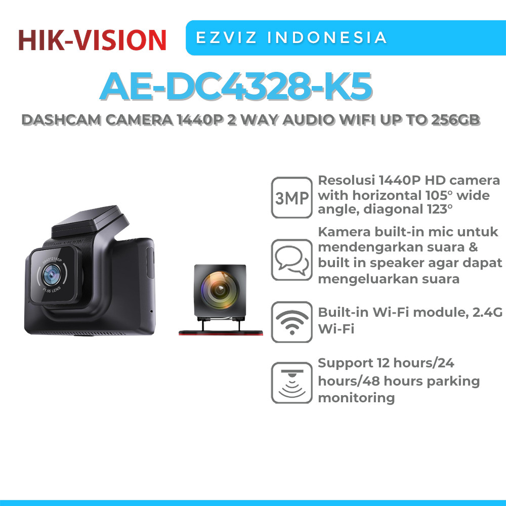Jual HIK-VISION AE-DC4328-K5 DASHCAM CAMERA 1440P 2 WAY AUDIO WIFI UP TO 256GB | Shopee Indonesia