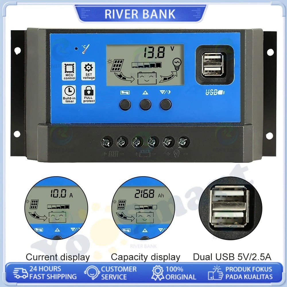 Jual Solar Charge Controller LCD LED Display Solar PWM 12V/24V 10A 20A 30A 40A 50A 60A USB Panel ...